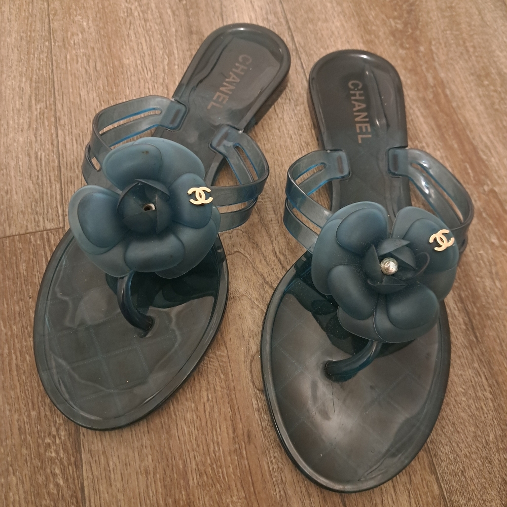Chanel Interlocking Cc Rubber Thong Slides Blue Sanda… - Gem